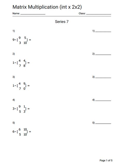 Math Matrix Multiplication Int Times 2x2 Matrix Worksheet Series 7