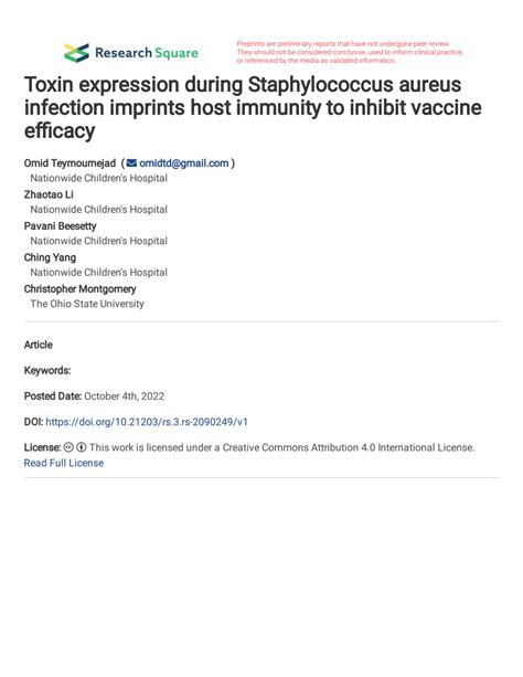 Pdf Toxin Expression During Staphylococcus Aureus Infection Imprints Host Immunity To Inhibit