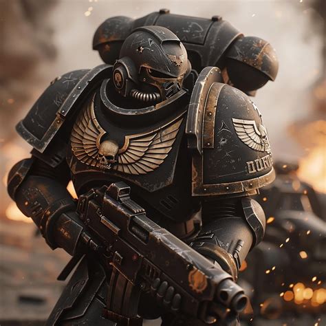 A Space Marine From Warhammer 40k In Dark Camo Power Armor With The