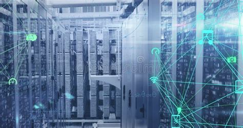 Animation Of Connected Icons Forming Globes With Mathematical Equations On Data Server Racks