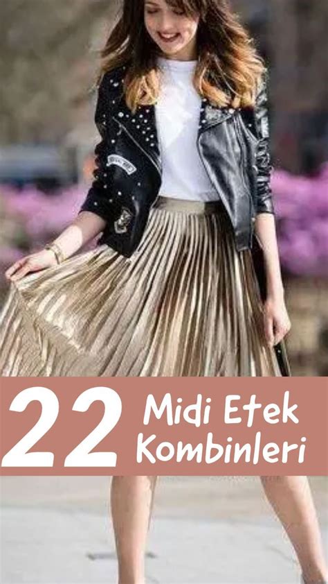 2023 Sezonunun Son Moda Midi Etek Kombinleri Vizon Midi Pileli Parlak Etek Beyaz Tişört Siyah