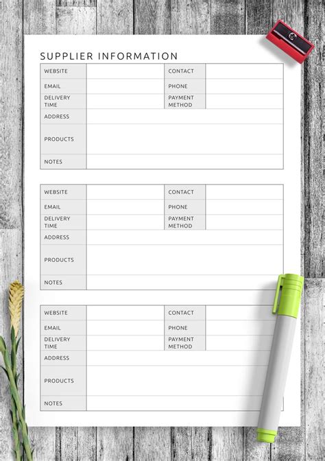 Printable Supplier Information Template