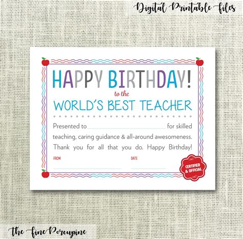 Birthday Card For Teacher Printable