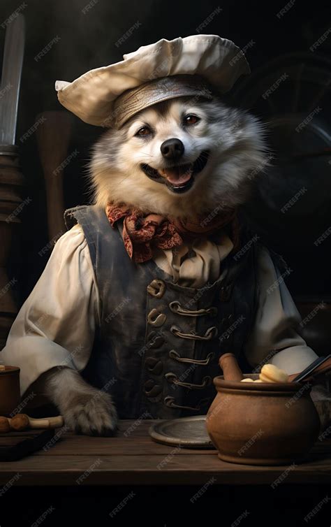 Premium Photo Portrait Of Hyena Pirate Cook Costume Chefs Hat Rolling