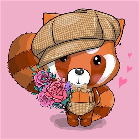 پاندا قرمز کارتونی زیبا با تصویر برداری کلاه و گل 1665977