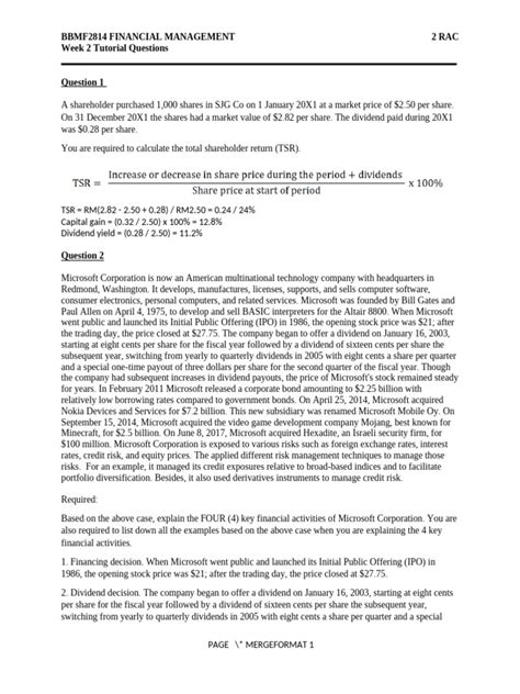 Week 2 Tutorial Questions Pdf Dividend Microsoft