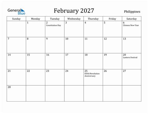 February 2027 Monthly Calendar With Philippines Holidays