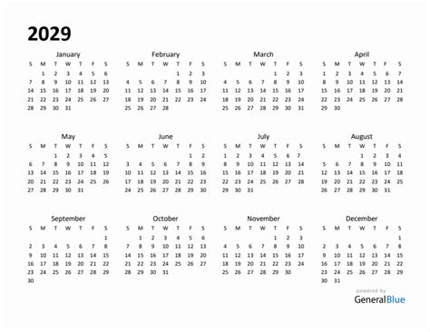 2029 Yearly Calendar