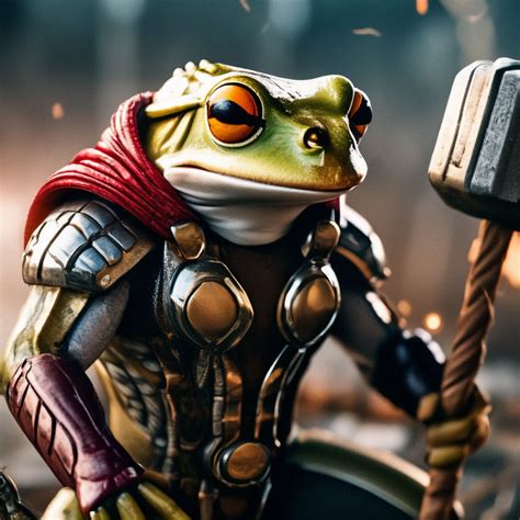 Frog In A Thor Costume With A Thor Hammer Hybrid Aesthetically