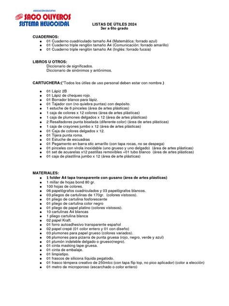 Lista De Útiles Polidocencia 2024 1 Pdf Papelería Materiales De Conservación Y