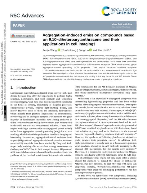 Pdf Aggregation Induced Emission Compounds Based On 9 10 Diheteroarylanthracene And Their