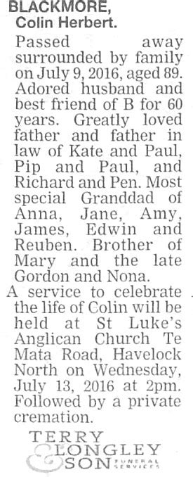 Blackmore Colin Herbert Death Notice 2016 Hawkes Bay Knowledge Bank
