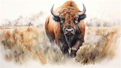 Standing Buffalo In Prairie Grass On White Background Ai Generated