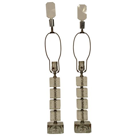 Pair Of Stacked Clear And Lavender Glass Cube Table Lamps With Chrome Detail For Sale At 1stdibs