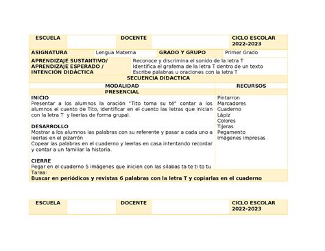 Plan De Clase Lectoescritura Ejercicios De Pedagogía Docsity