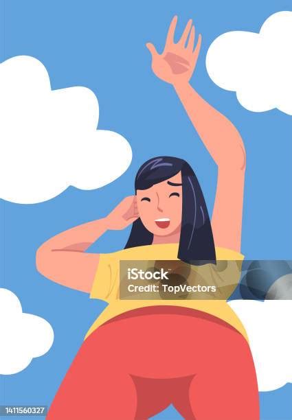 친절한 미소와 흔들리는 손 벡터 일러스트 레이 션 위에서 바라 보는 여성 캐릭터 감정에 대한 스톡 벡터 아트 및 기타 이미지 감정 개념 곁눈질 Istock