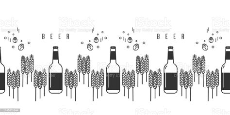 맥주 병 홉과 밀 양조 재료와 맥주 공예 양조장 술집 바 레스토랑에 대 한 그림 흰색 바탕에 수평 완벽 한 패턴입니다 현대적인 선 스타일 개념에 대한 스톡 벡터 아트 및