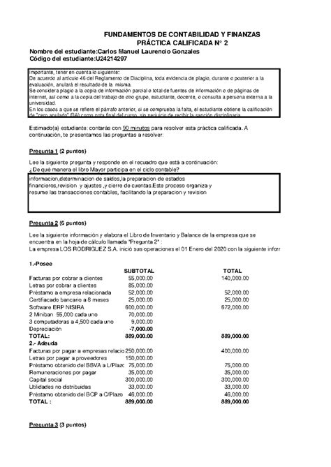 Fundamentos De Contabilidad Y Finanzas PrÁctica Calificada N° 2