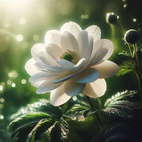 A White Flower With The Green Stem And The Green Background Premium