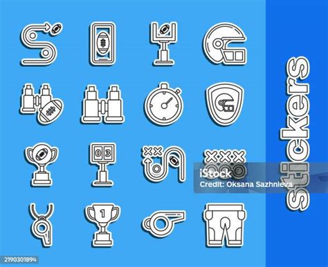 세트 라인 미식 축구 반바지 계획 전략 개념 헬멧 및 방패 골 포스트 쌍안경 미국 및 스톱워치 아이콘 벡터 경기장에 대한 스톡 벡터 아트 및 기타 이미지 Istock