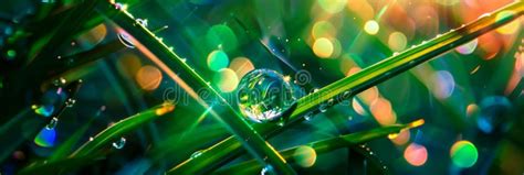 Sparkling Drop Of Water On A Blade Of Grass Capturing The Refraction Of Light And Details Of