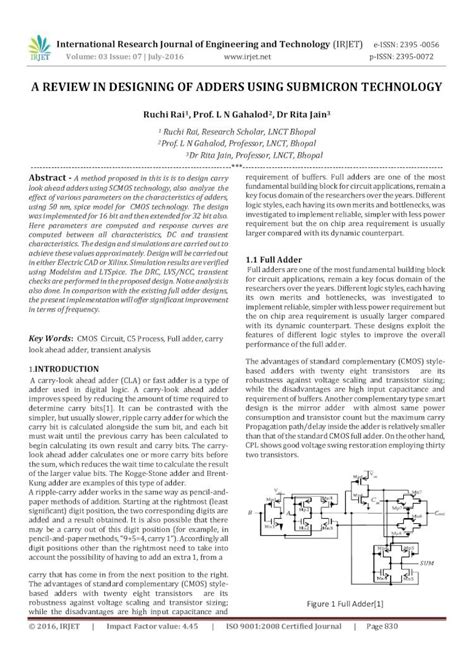 pdf a review in designing of adders using · pdf filetheir paper