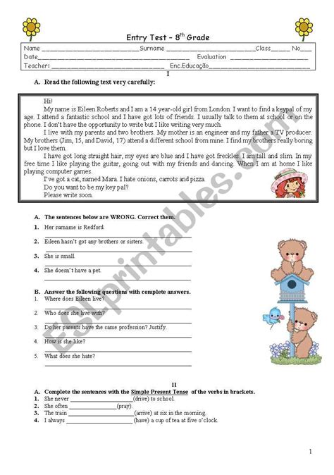 Entry Test Esl Worksheet By Givemegiveme