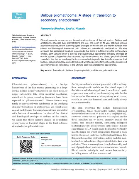 Pdf Bullous Pilomatricoma A Stage In Transition To Secondary Anetoderma