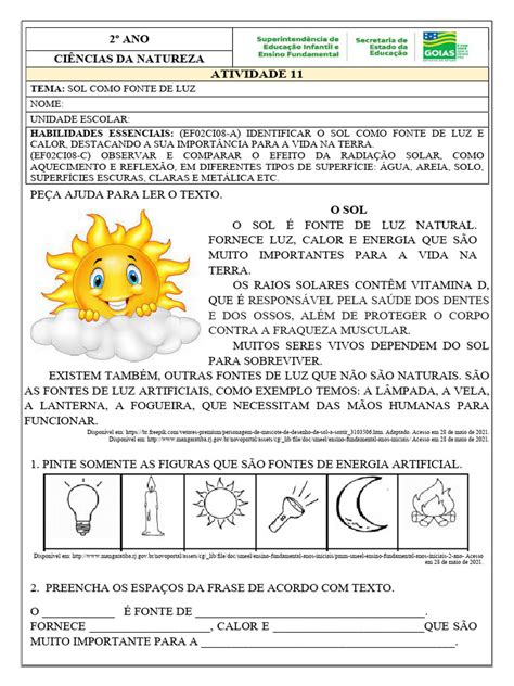 Atividade 11 2º Ano Ciências Sol Como Fonte De Luz Pdf Sol Luz