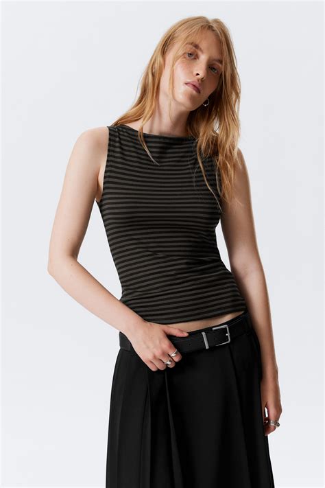 Annie Striped Sleeveless Boat Neck Top Black And Grey Stripes Weekday Ww