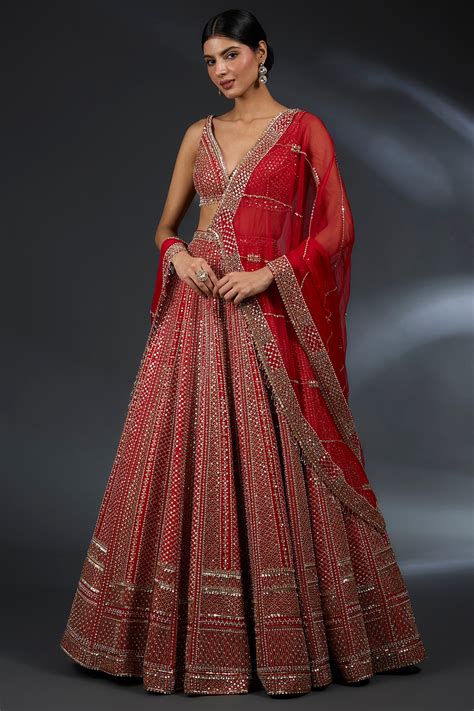 Red Raw Silk Pearl And Sequins Embroidered Bridal Lehenga Set By Seema