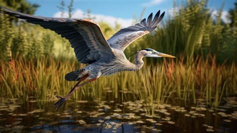Great Blue Heron In Flight Generative Ai Stock Illustration
