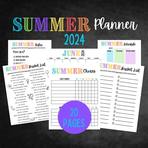 Printable Editable Summer 2024 Planner Bundle Summer Calendar Summer Checklist Summer Chore
