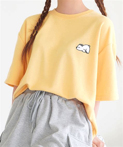 예쁜색감 꾸안꾸 백곰반팔티 color 키 cm 키작녀 봄 여름 곰 자수 반팔 에이블리