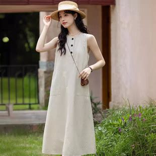 2024夏季新款日系简约三粒扣设计感小众松弛感圆领无袖连衣裙女 阿里巴巴