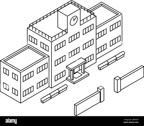 Isometric Illustration Of A Simple Line Drawing Of A School Buildingbuilding With A Birds Eye