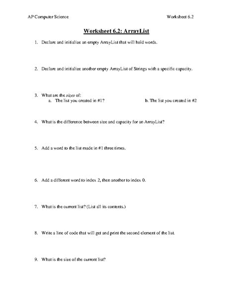 Worksheet 62 Array List Ap Computer Science Worksheet 6 Worksheet 6 Arraylist Declare And