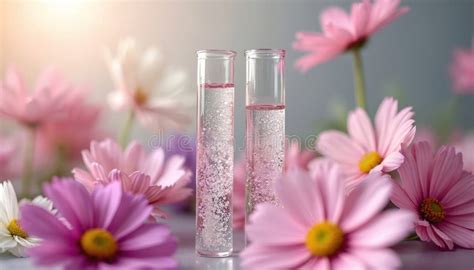 Two Glass Test Tubes With Clear Bubbling Liquid Among Soft Pink Purple