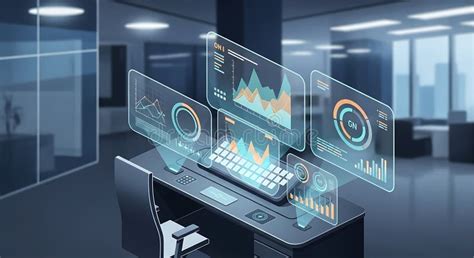 Futuristic Workstation With Holographic Data Analysis Interface Stock