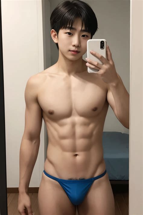 Arafed Asian Man In A Blue Thong Taking A Selfie In A Mirror Seaart Ai