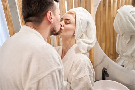 Happy Newlyweds Kissing In The Bathroom Stock Image Image Of Clothes