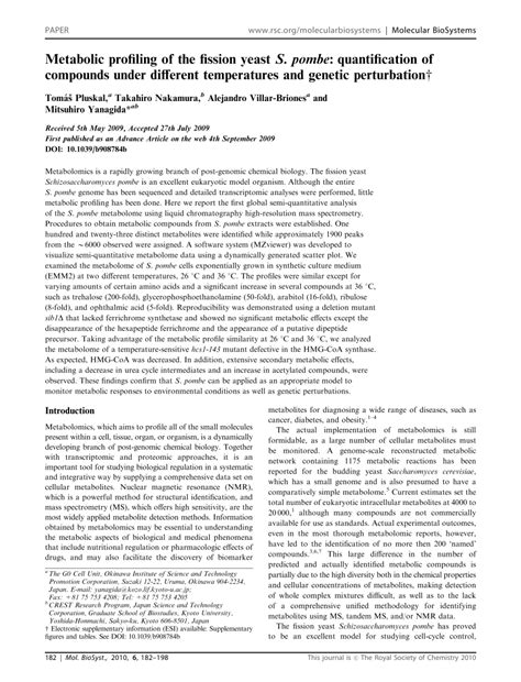 Pdf Metabolic Profiling Of The Fission Yeast S Pombe Quantification Of Compounds Under