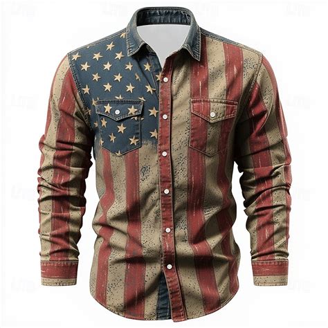 Mens American Us Flag Patriotic Shirt Western Shirt Long Sleeve