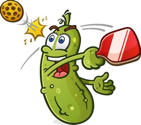 Pickle Cartoon Character Taking A Fast Swing And Hitting A Pickleball Over The Net While Having