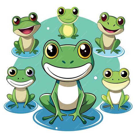 A Colorful Illustration Of Cheerful Cartoon Frogs In Various Poses