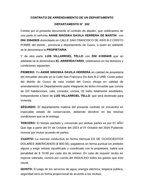 Contrato De Arrendamiento De Un Departamento 2024 Pdf Derecho