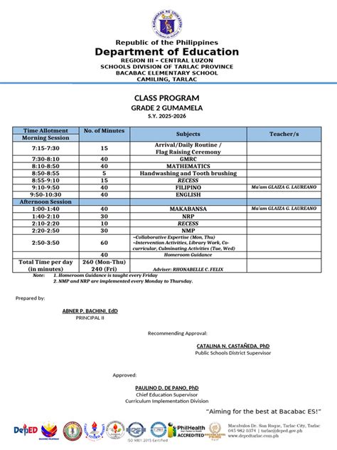 Grade 2 Class Program 2025 2026 Pdf