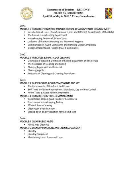 Housekeeping Module 7 Days Pdf Housekeeping Safety