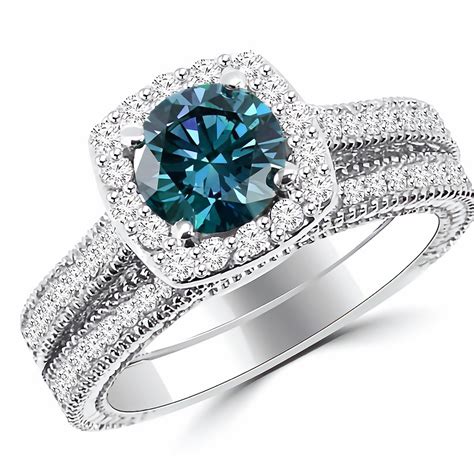 166ct Vs Blue Diamond Matching Engagement Ring Set Antique Style