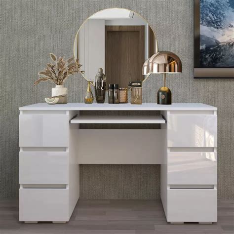 New White Dressing Table High Gloss Vanity Makeup Desk 6 Drawers